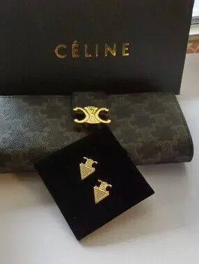 Celine | Jewelry | Celine Gold Triangular Logo Stud Earrings | Poshmark